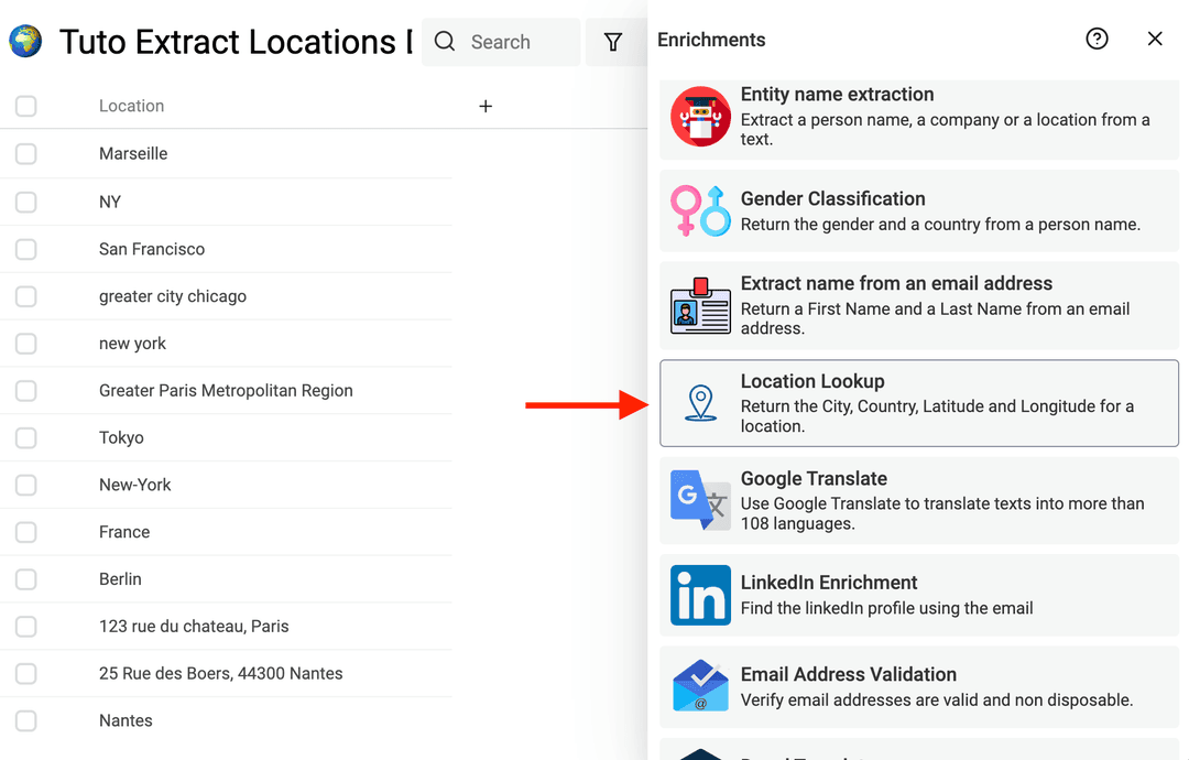 How to extract the City and Country from a list of addresses